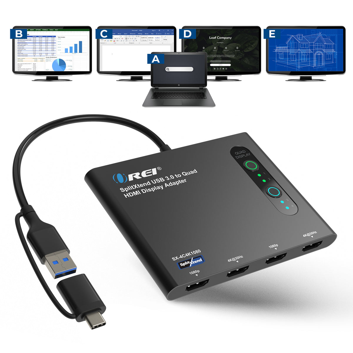SplitXtend USB 3.0 to Quad HDMI Display Adapter (SX-4C4K1080) – OREI.COM