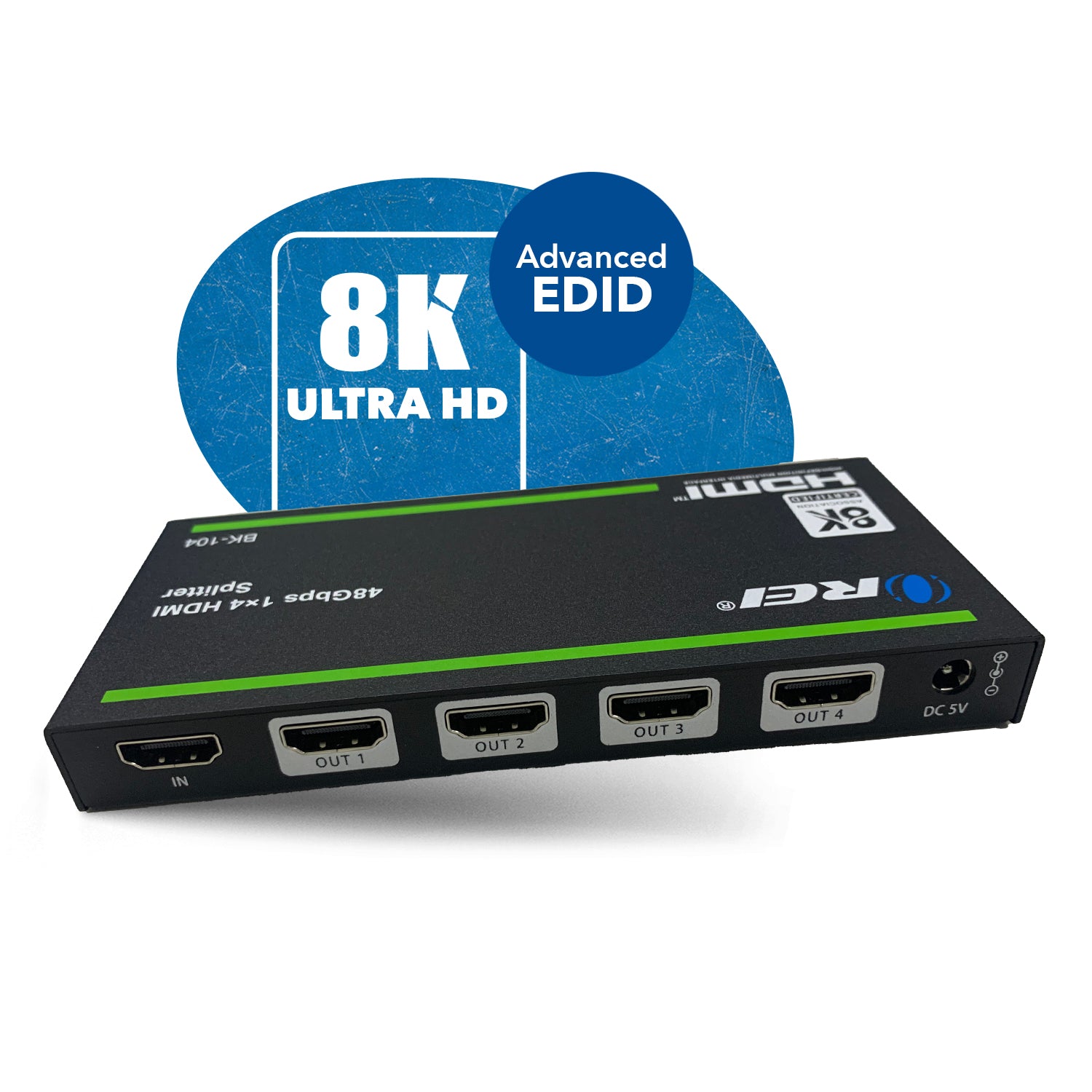 1x4 HDMI Splitter W/ Audio Out: 1-In 4-Out, UltraHD 8K, EDID (BK-104) | OREI