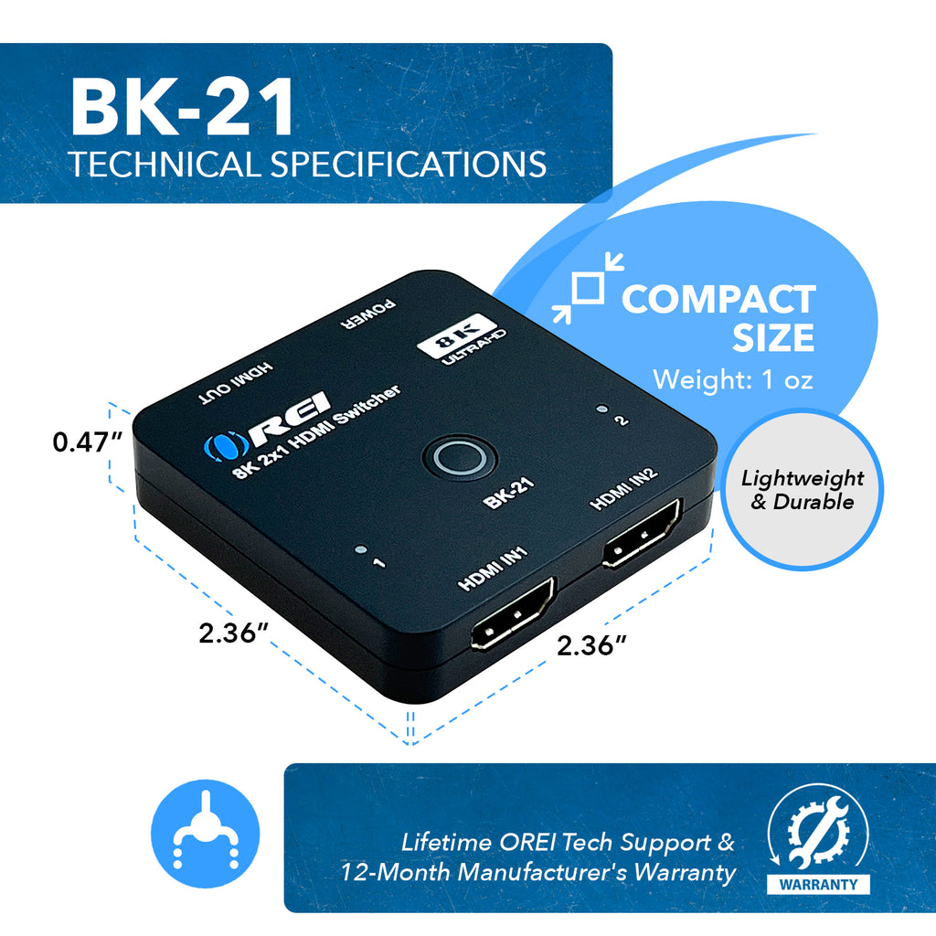 2 in 1 out 8K HDMI Switch with Audio Extraction, EDID management, HDR10+ & Dolby Vision (BK-21 ...
