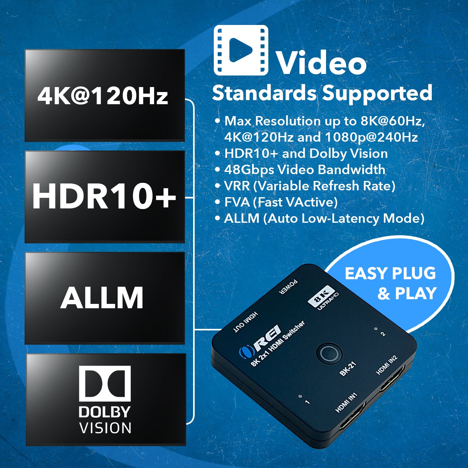 2 in 1 out 8K HDMI Switch with Audio Extraction, EDID management, HDR10+ & Dolby Vision (BK-21 ...