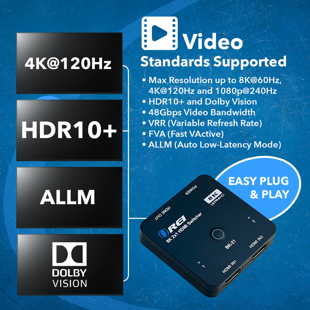 2 in 1 out 8K HDMI Switch with Audio Extraction, EDID management, HDR10+ & Dolby Vision (BK-21 ...