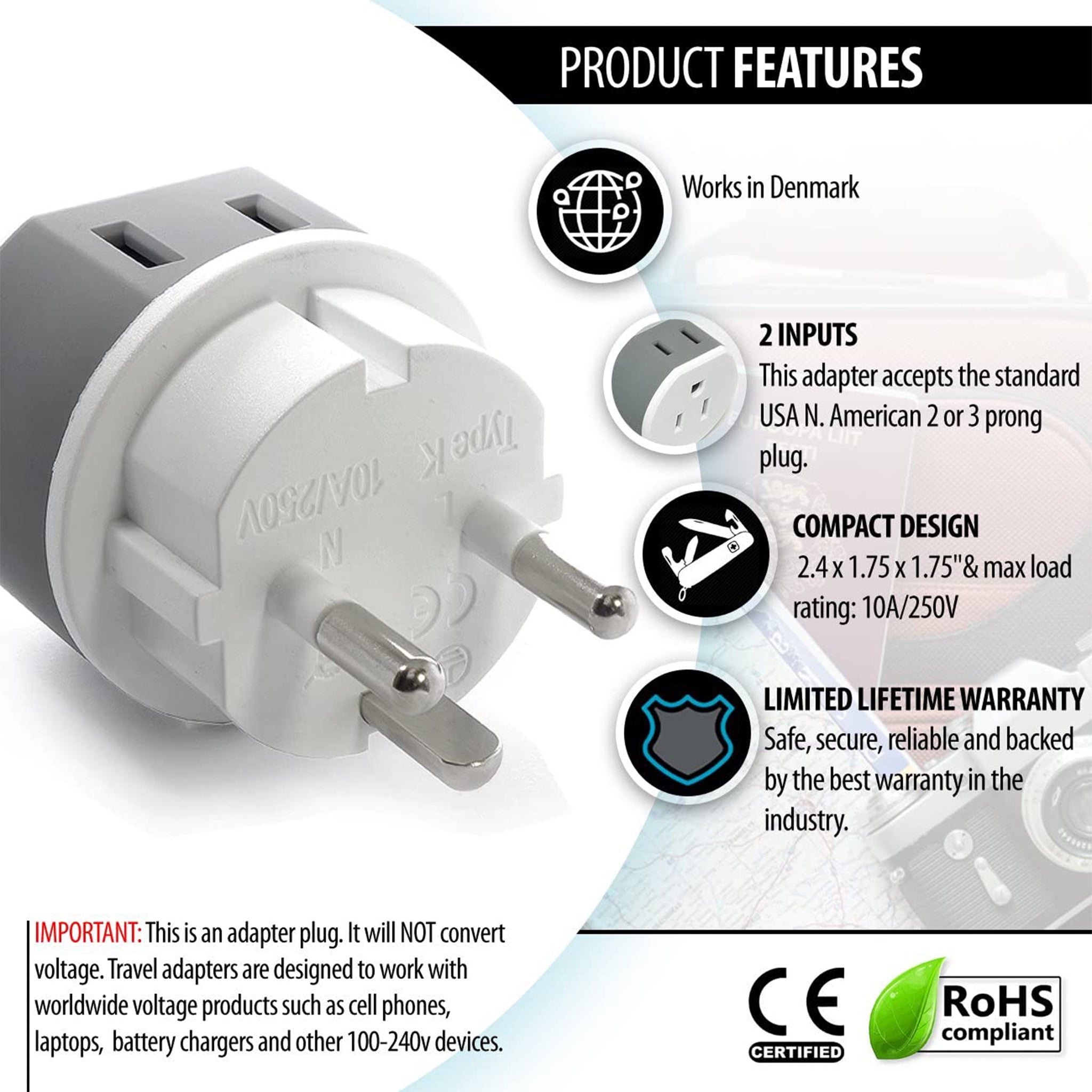 Denmark Travel Adapter - 2 in 1 - Type K - Compact Design (US-20) | OREI