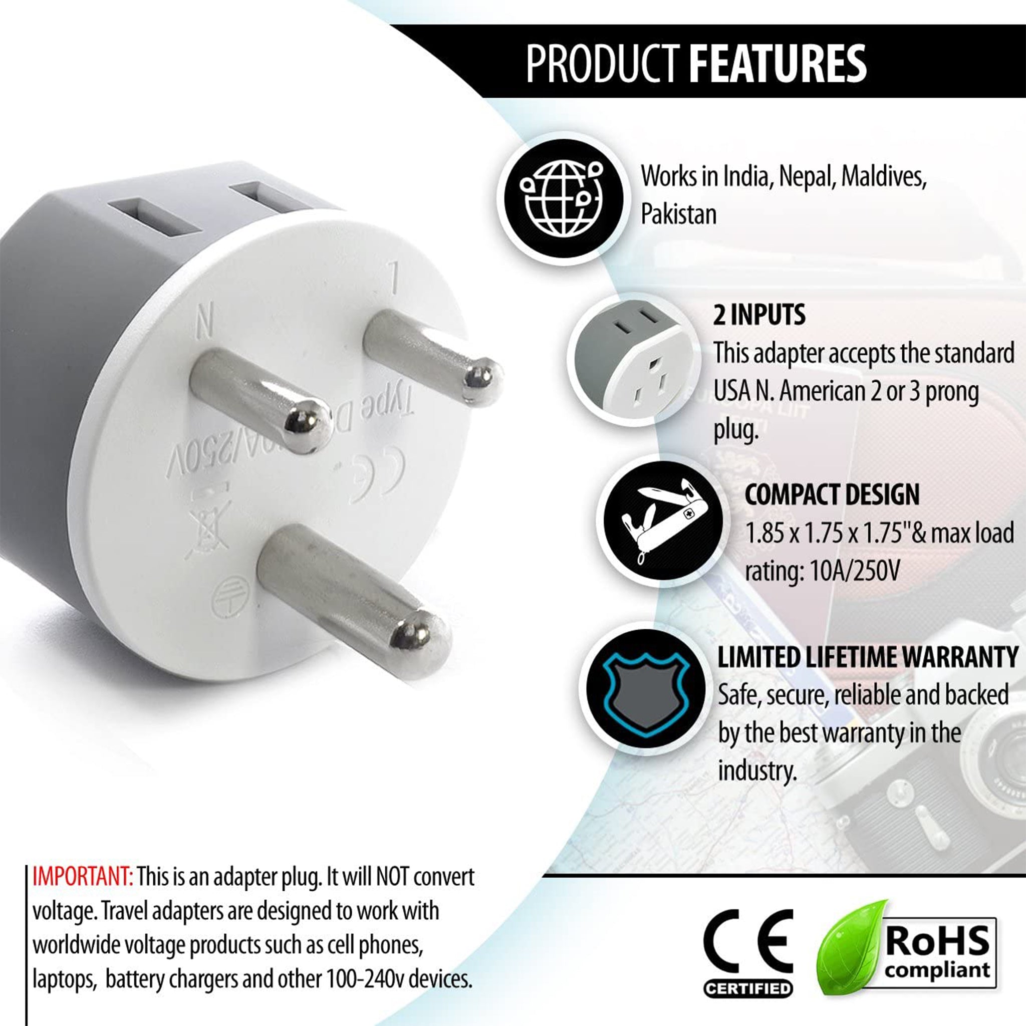 India, Nepal Travel Adapter - 2 in 1 - Type D - Compact Design (US-10 ...