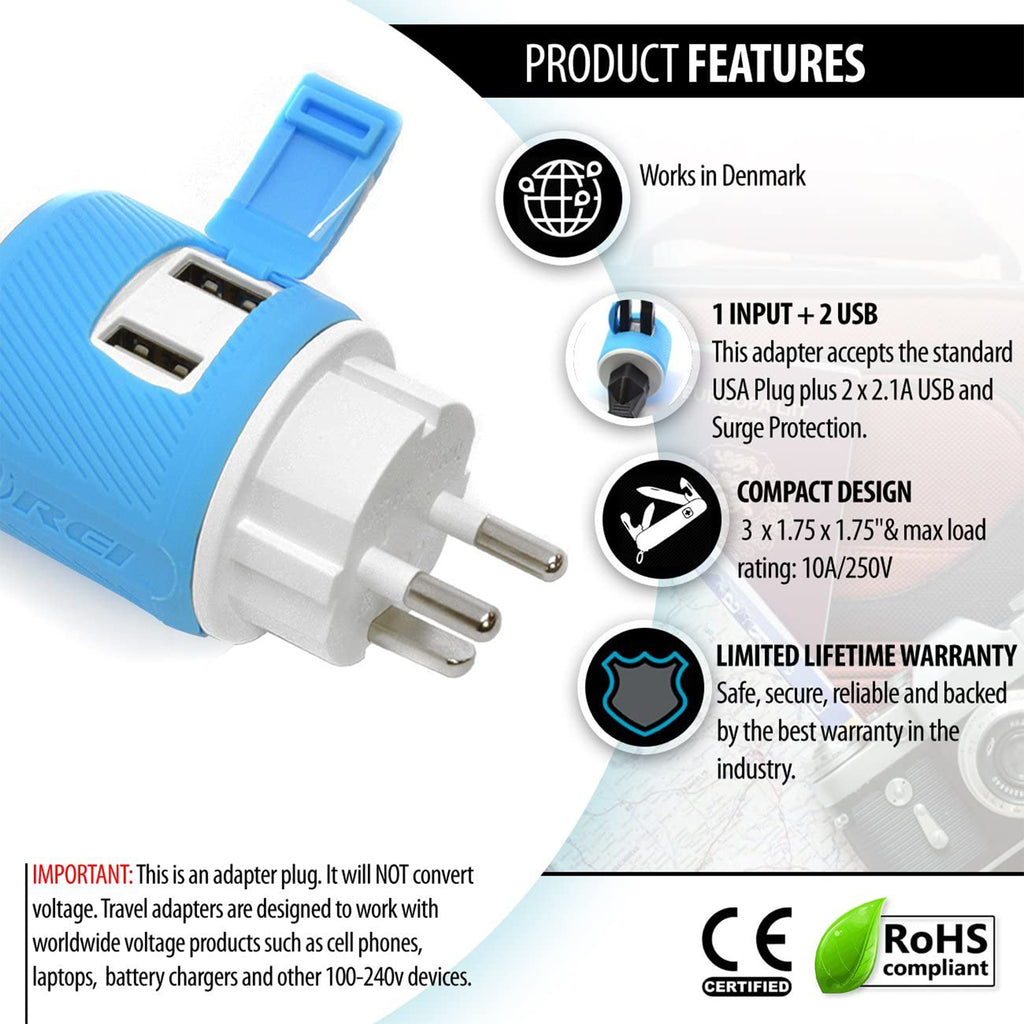 Denmark Travel Adapter - 3 in 1 - 2 USB - Type K - Compact Design (U2U ...
